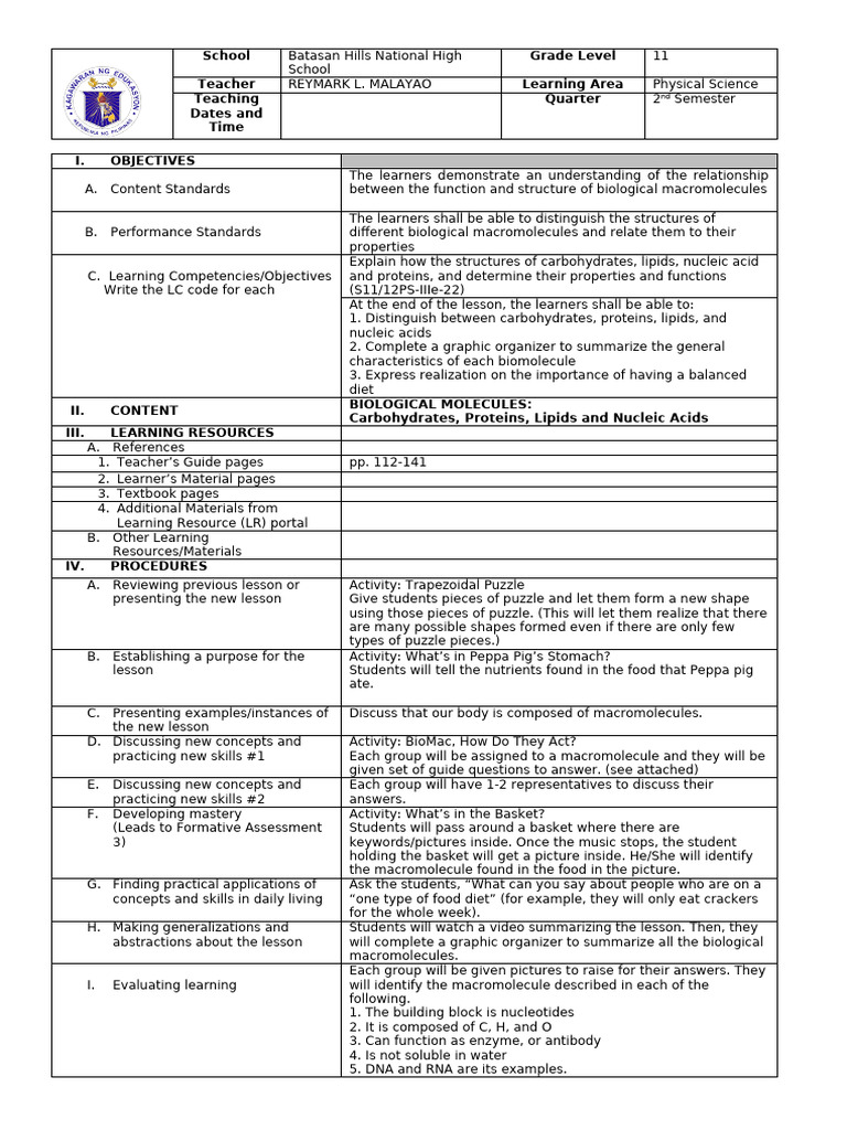 School Grade Level Teacher Learning Area Teaching Dates And Time