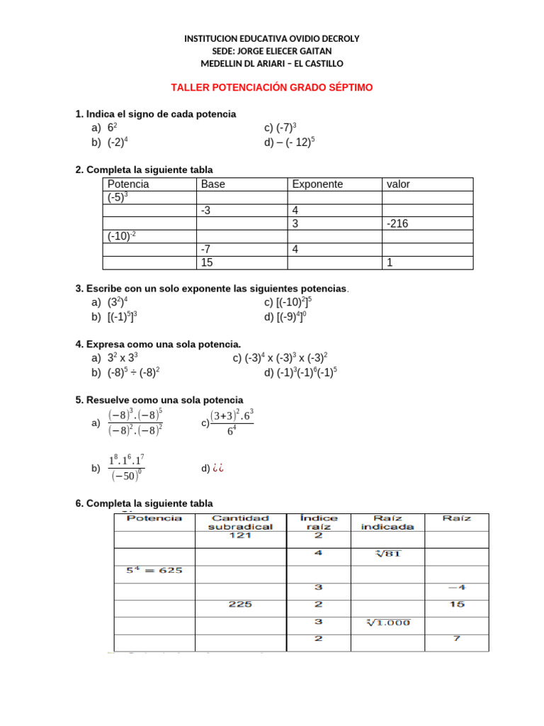 Taller Potenciaion y Radicacion Grado Septimo | PDF