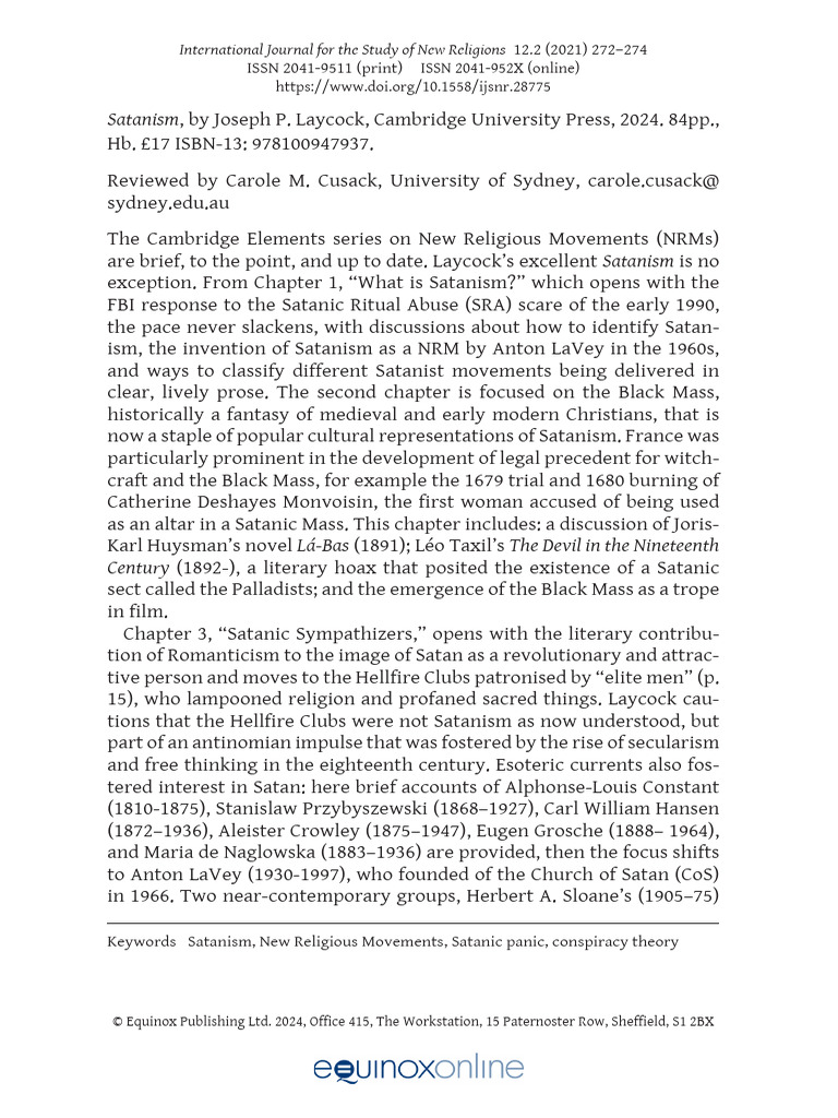Review of Joseph P Laycock Satanism | PDF