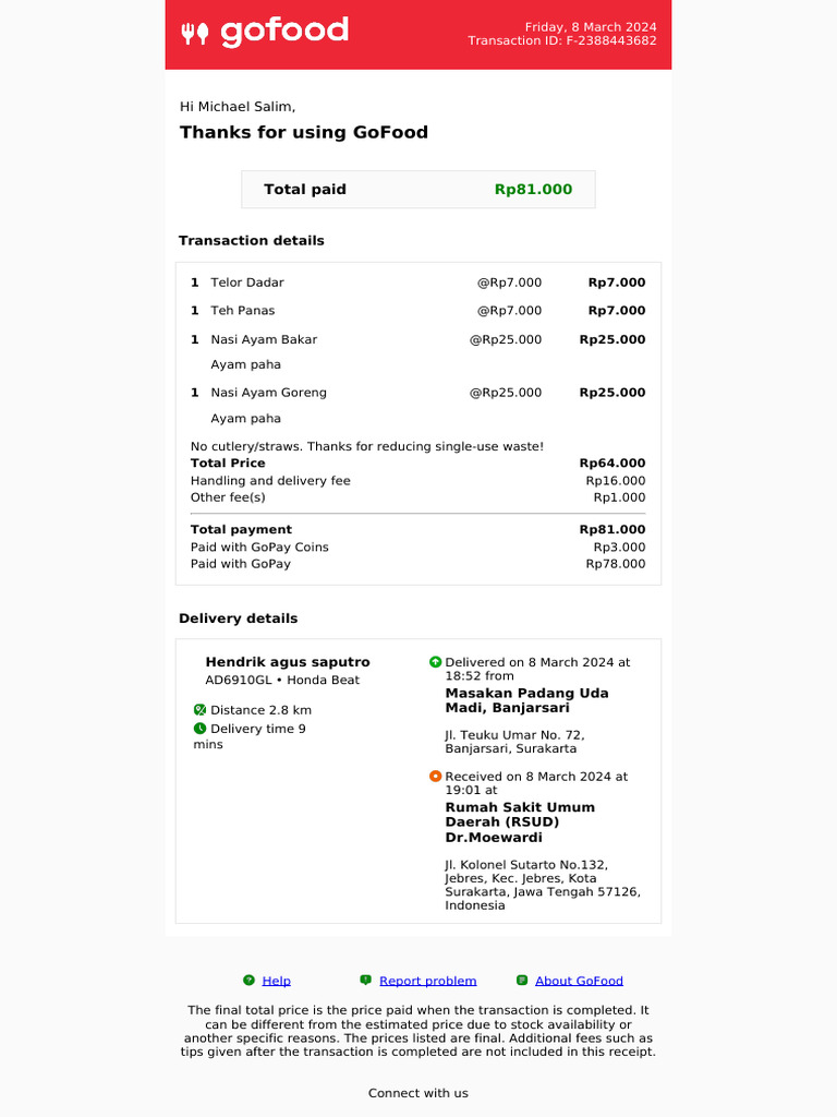 Thanks For Using Gofood: Total Paid | PDF