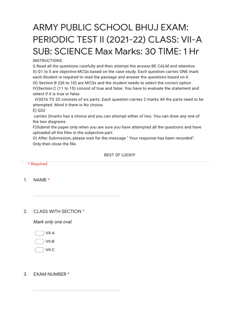 ARMY PUBLIC SCHOOL BHUJ EXAM - PERIODIC TEST II (2021-22) CLASS - VII-A ...