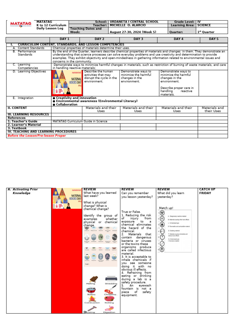Matatag DLL Week 5 Science G4 | PDF
