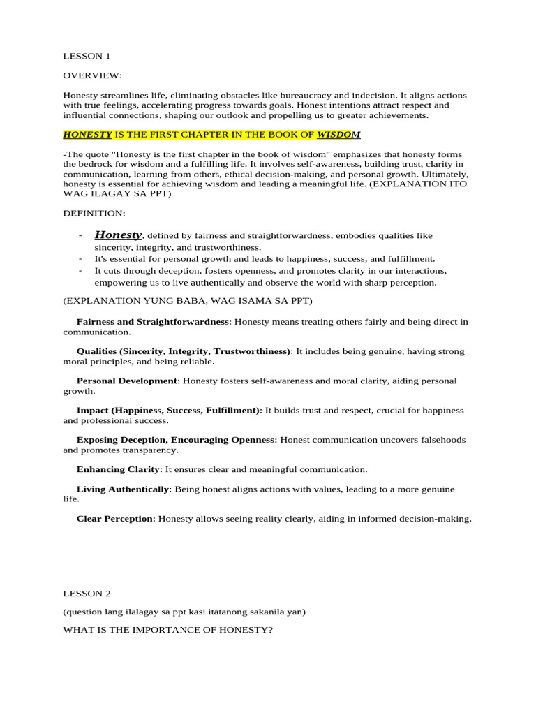 Lesson 1 3 Honesty | PDF