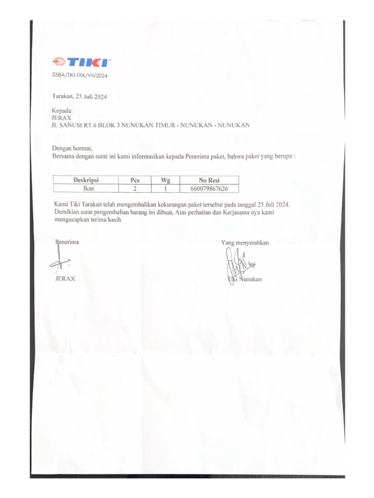 Tanda Terima Kekurangan Isi Paket Resi 660079867626 | PDF