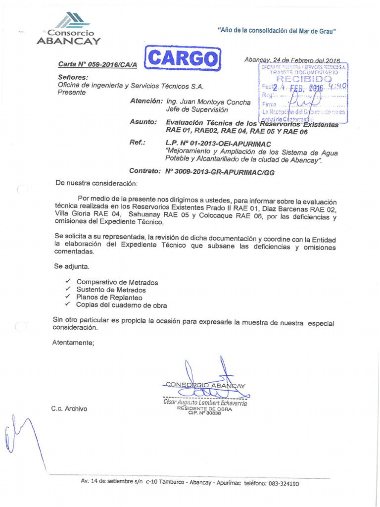 28.carta #059-2016-CA-A-Eval. Tecnica Reserv Exist. RAE 01, RAE 02, RAE 04, RAE Y RAE 06 | PDF