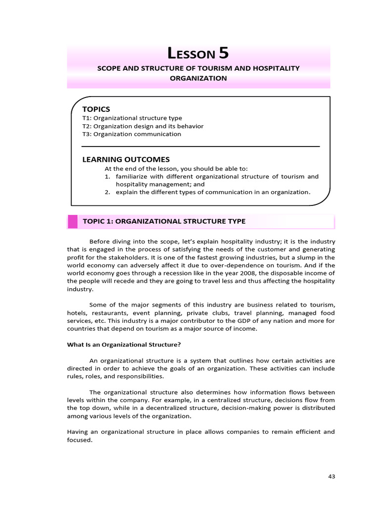 Lesson4 Scope and Structure of Tourism and Hospitality Organization | PDF