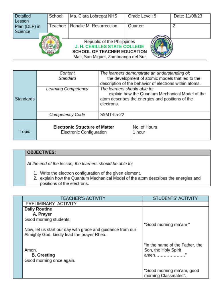 Electronic Structure of Matter (First Demo LESSON PLAN) | PDF