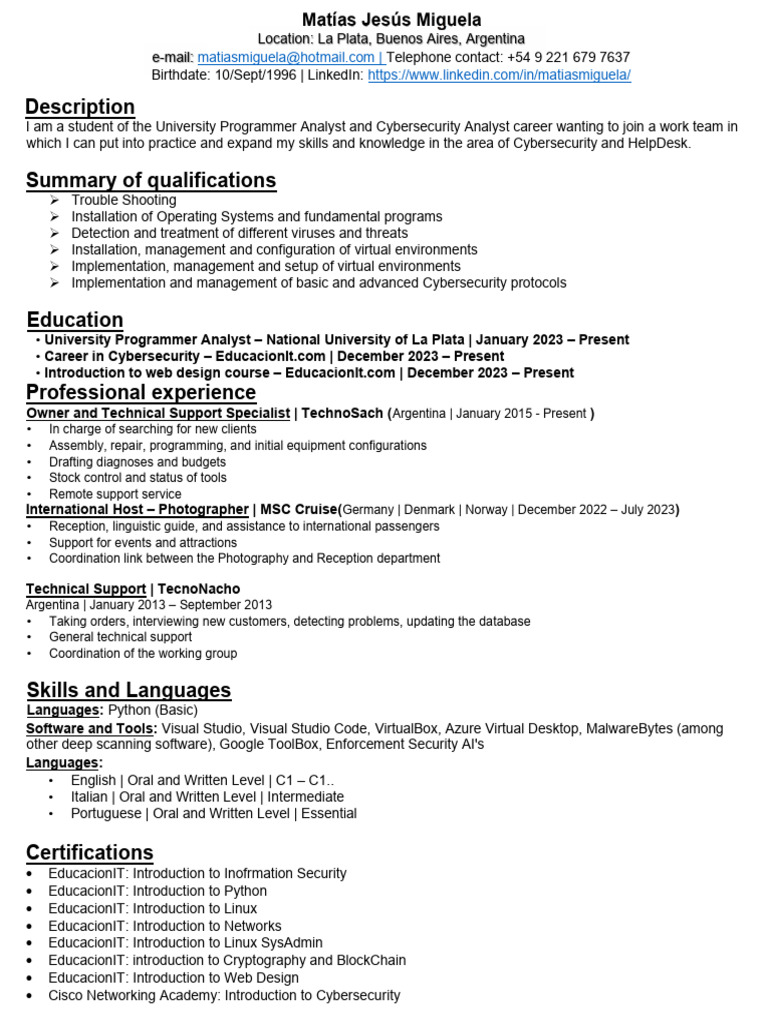 CV - EnG - SF - SV - Matias Jesus Miguela | PDF