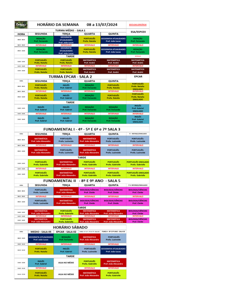 Cronograma de Aula 08 A 13 de Julho Unibe PVH | PDF