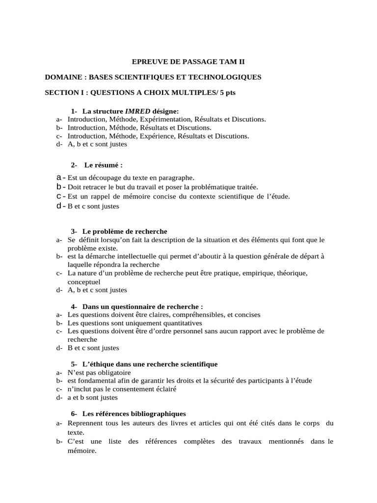 Domaine 1 Bases Scientifiques Et Technologiques EPREUVE DE PASSAGE TAM ...