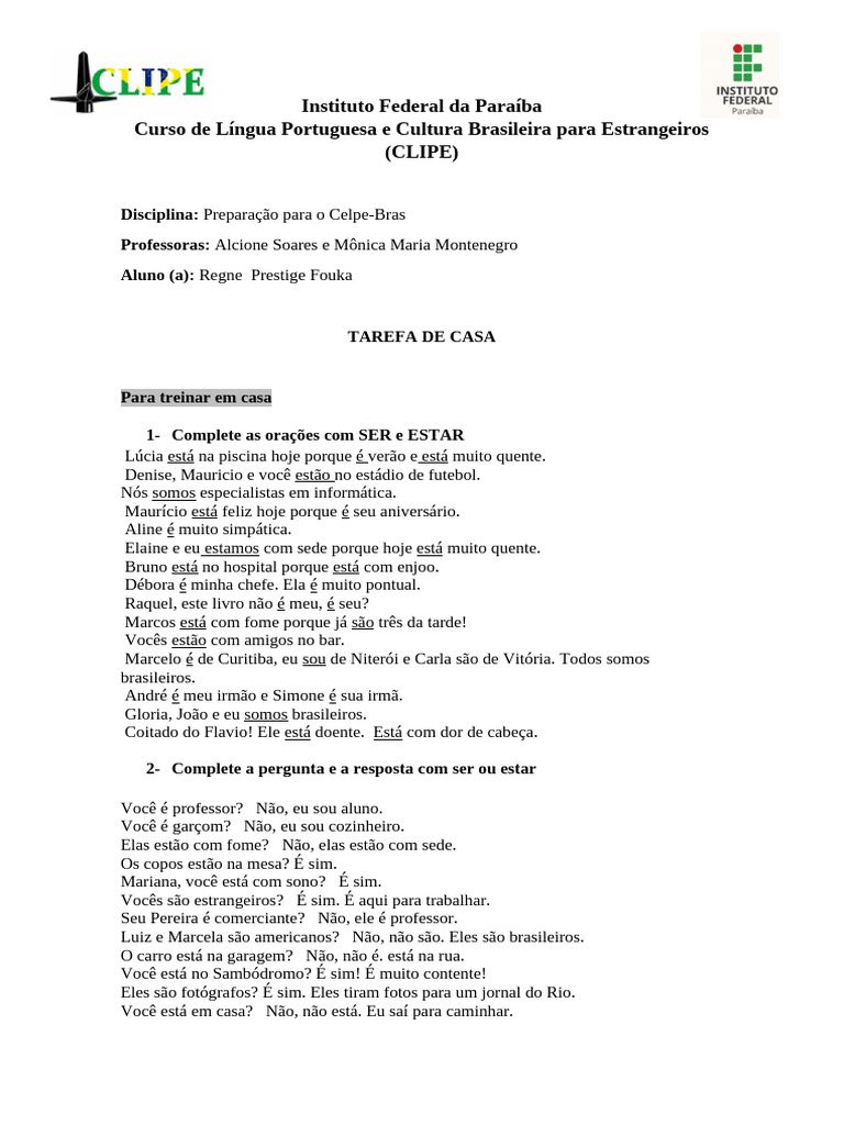 Disciplina Celpe-Bras - Verbo Ser e Estar Pronomes Possessivos | PDF ...