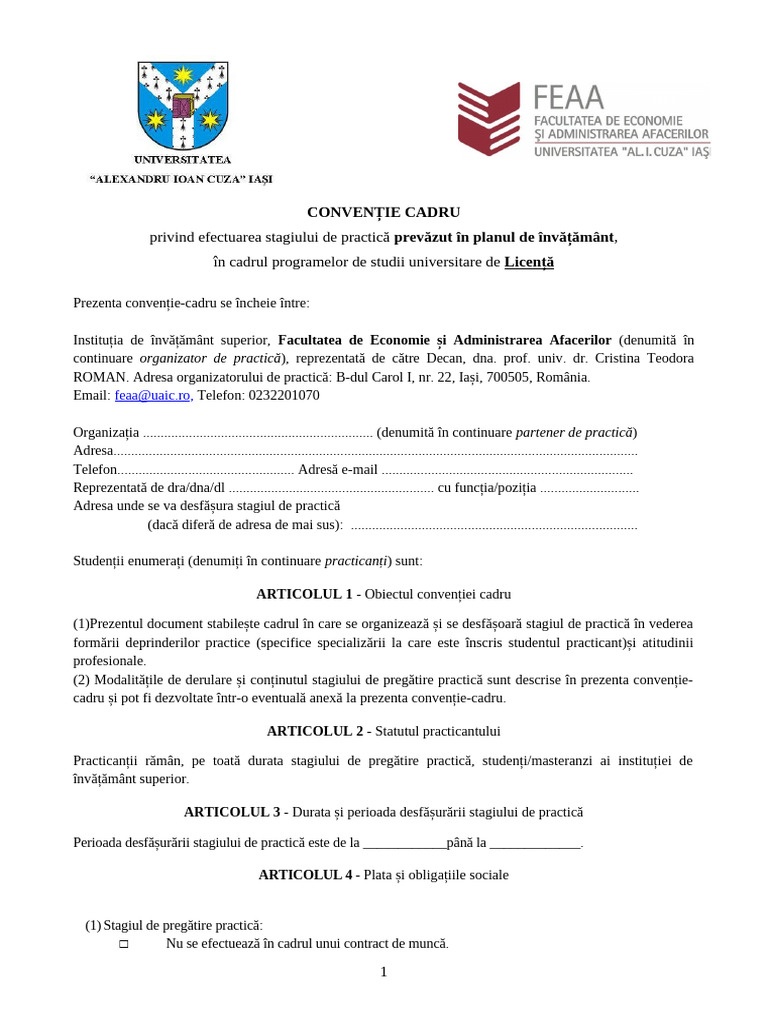 Conventie Practica LICENTA CIG2 FEAA 2024 Perioada Din Planul de Invatamint | PDF
