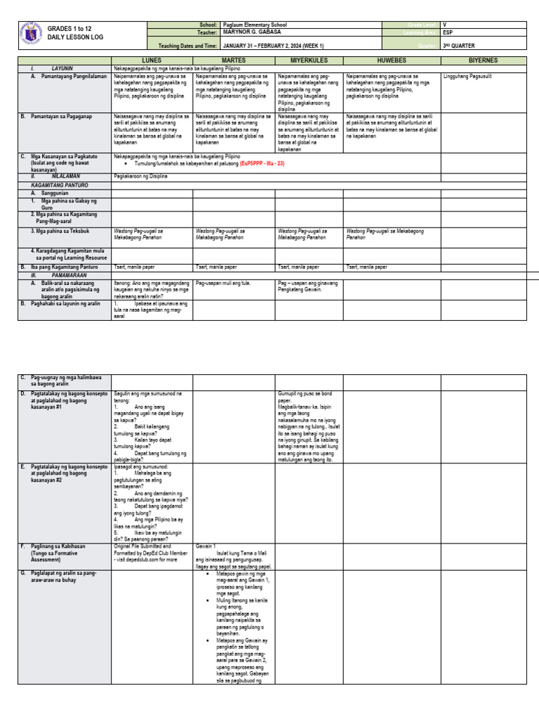 DLL - Esp 5 - Q3 - W1 Marynor | PDF