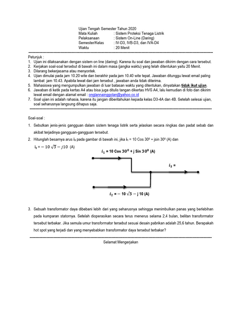 Soal UTS Sistem Proteksi - Prodi D3 Dan D4 Ahun 2020 | PDF