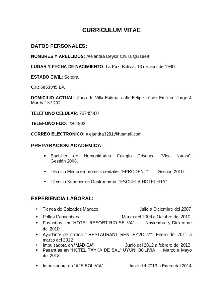 Curriculum Vitae de Alejandra Chura | PDF | Cocina | Cocina, comidas y vino