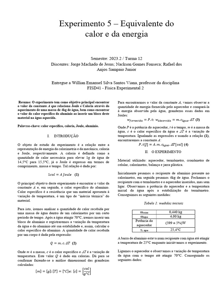 Experimento 5 - Equivalente Do Calor e Da Energia | PDF