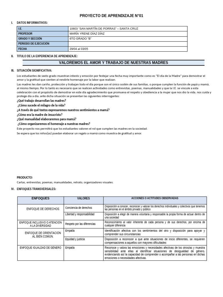 6° - GRADO - PROYECTO - DE - APRENDIZAJE - N°01 Corr | PDF