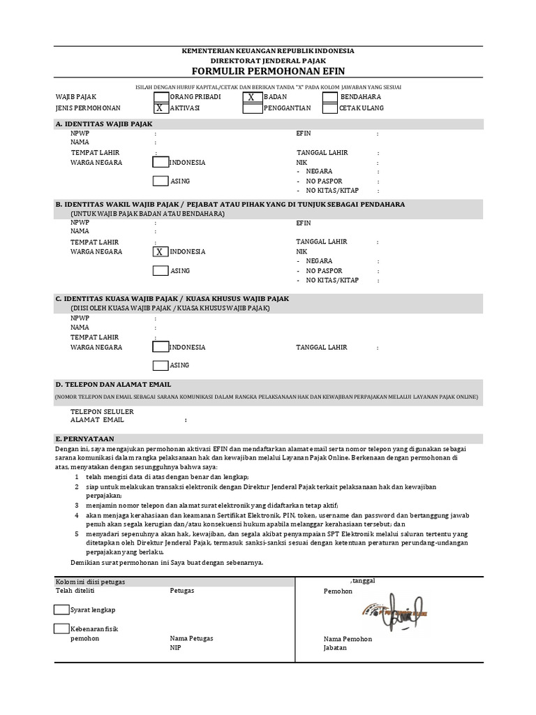 Form Permohonan EFIN BADAN1 | PDF