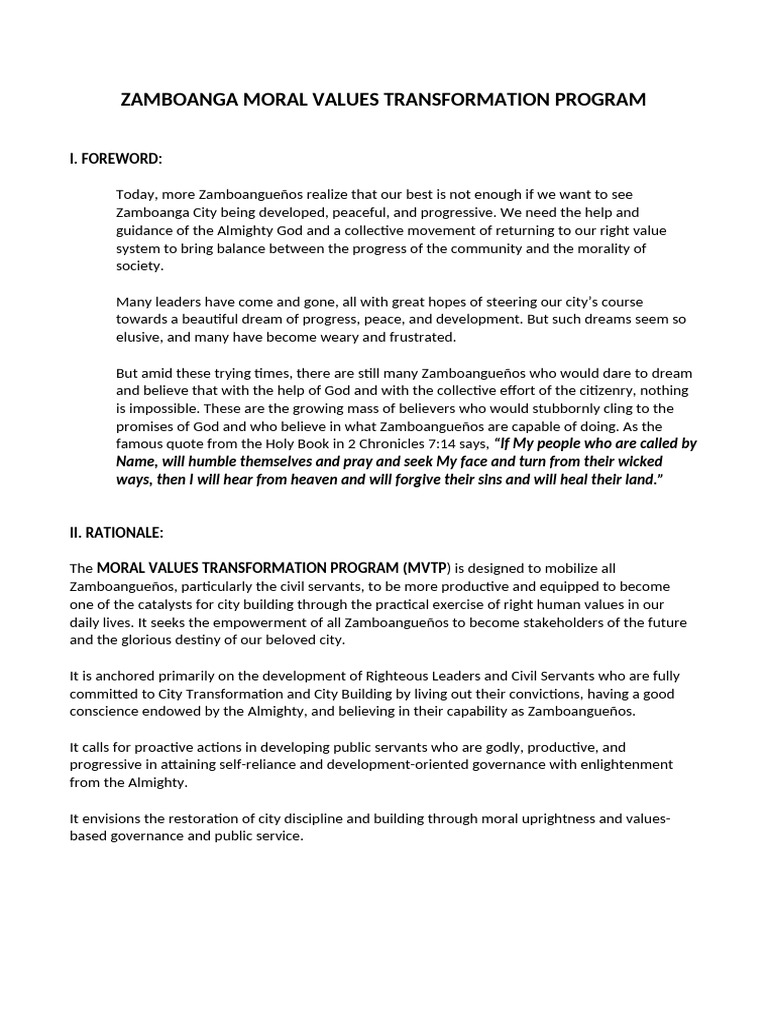Zamboanga Moral Values Transformation Program | PDF