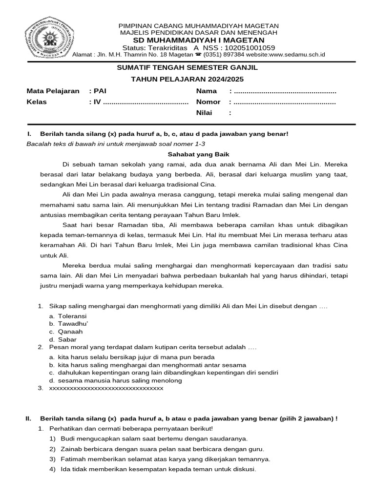 Format STS Ganjil PAI Kelas 3-6 | PDF