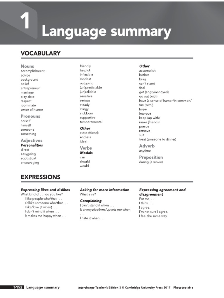 Interchange 3 - 5th Edition - Teacher's Edition - Language Summary | PDF