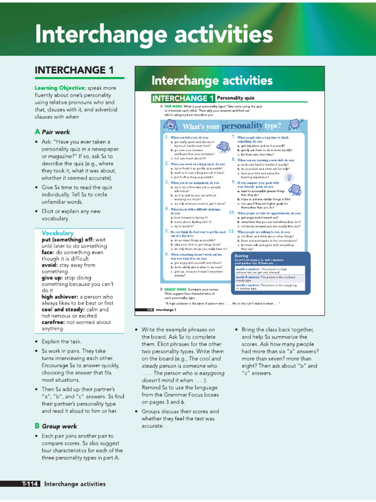 Interchange 3 - 5th Edition - Teacher's Edition - Interchange Activities Answer Key | PDF