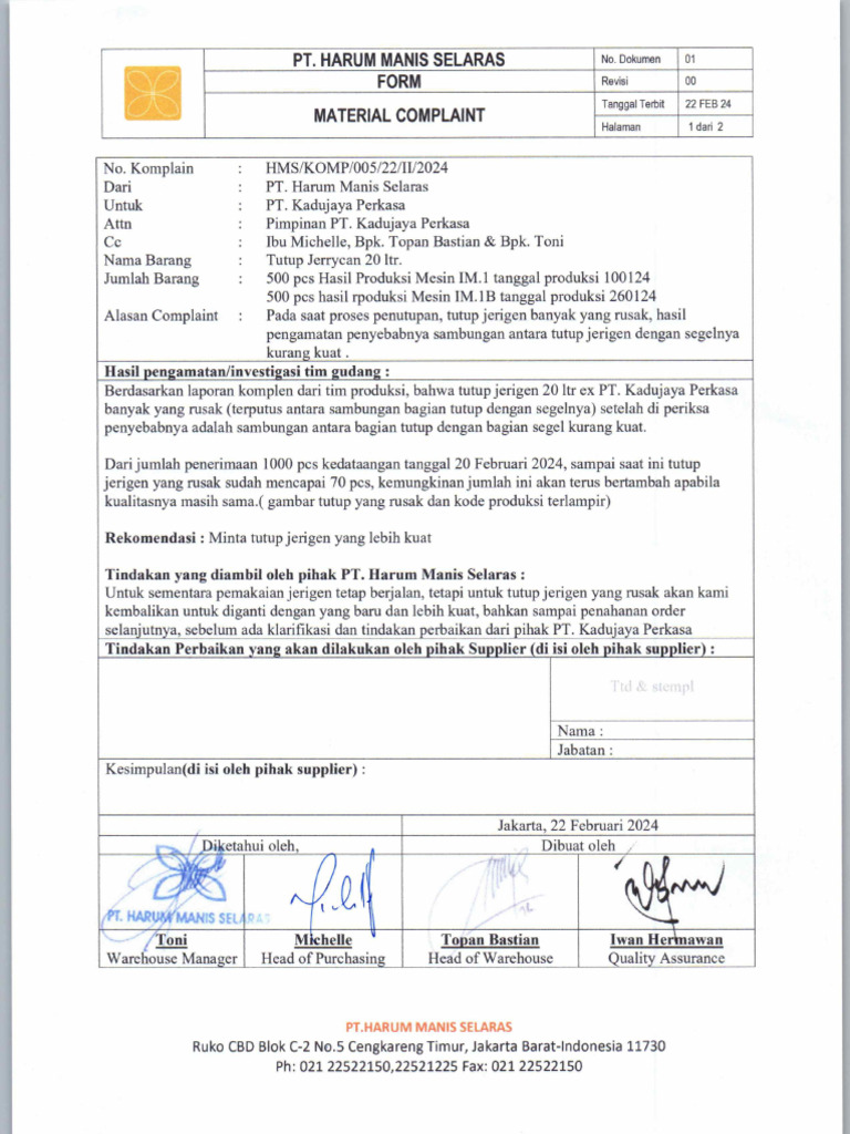 Form Complaint Pt. Kadujaya Perkasa - HMS | PDF
