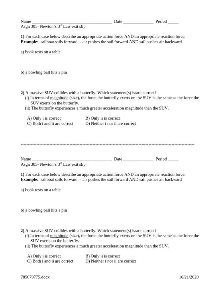 Asgn 305 Newtons 3rd Exit Slip | PDF