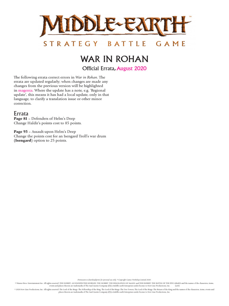 War in Rohan Errata | PDF