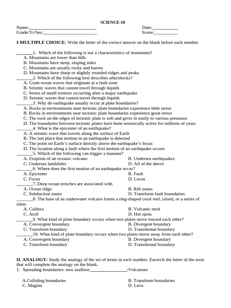 Earth Science Quiz: Plate Tectonics & Earthquakes | PDF | Earthquakes ...