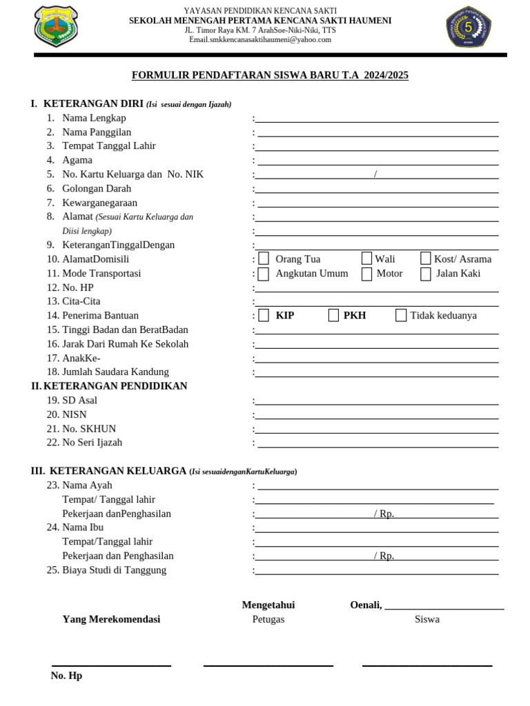 Formulir Pendaftaran SMP | PDF