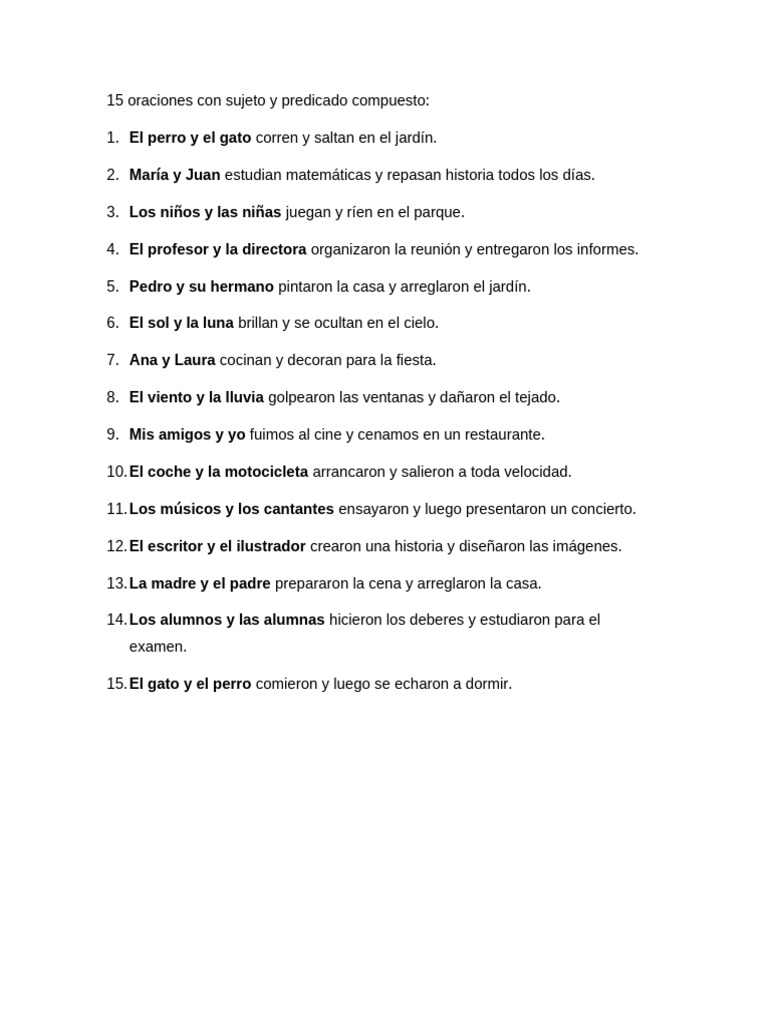 15 Oraciones Con Sujeto y Predicado Compuesto | PDF