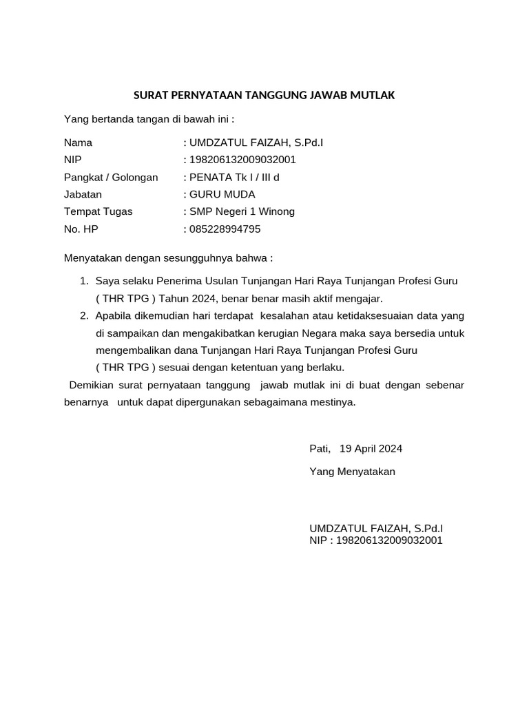 Format SPTJM 1 Lembar | PDF