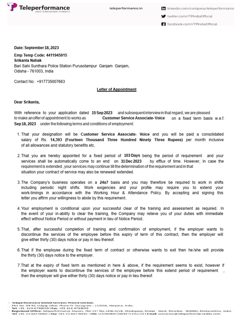 Appointment Letter Teleperformance | PDF