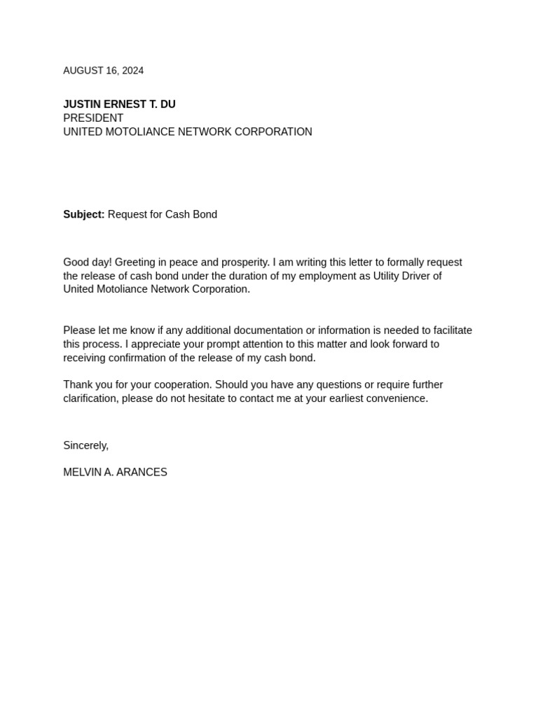 Cash Bond Request | PDF