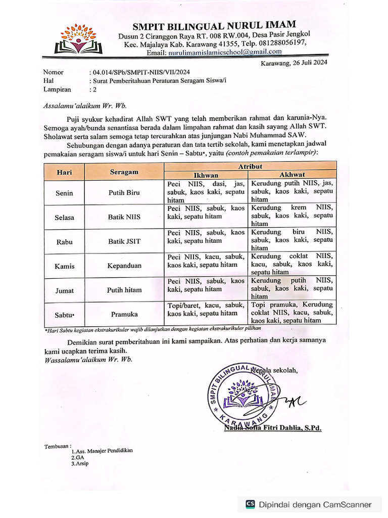 Surat Pemberitahuan Peraturan Seragam Smpit Bilingual Nurul Imam | PDF