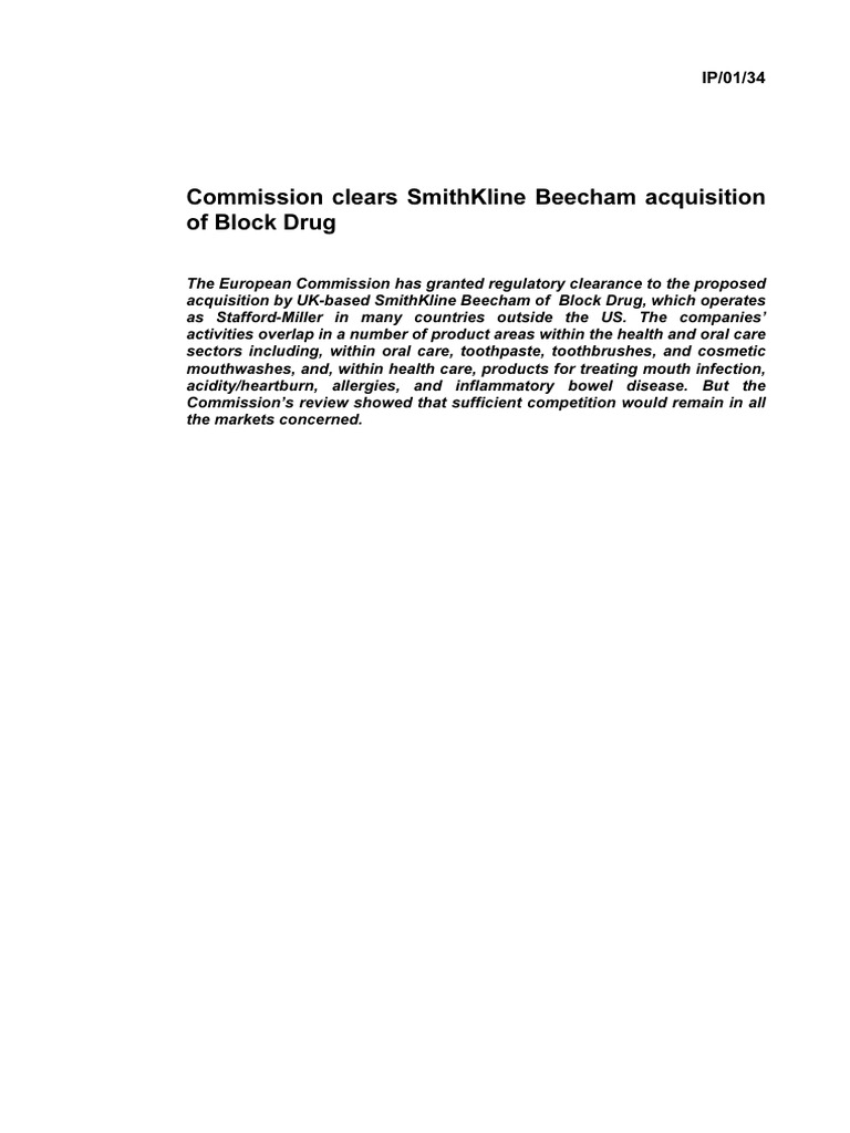 Sensodyne Acquisition Approval Summary | PDF | Medicine | Science ...