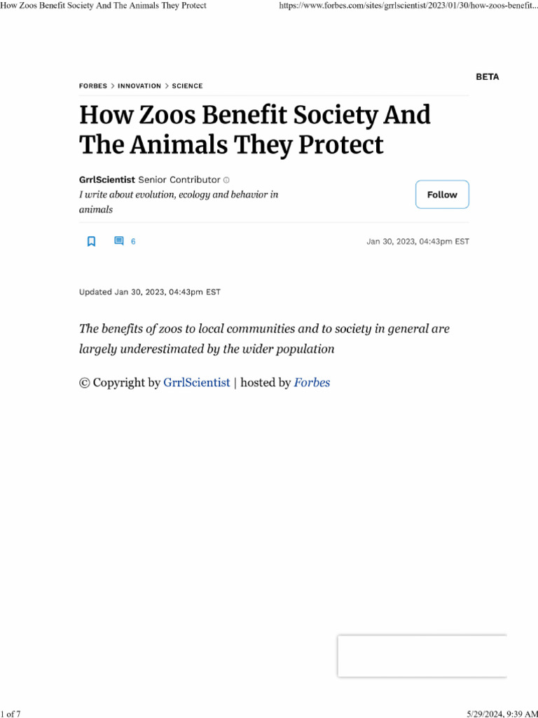 How Zoos Benefit Society And The Animals They Protect | PDF