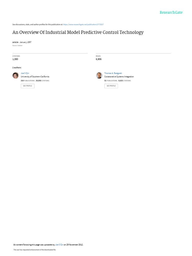 An Overview of Industrial Model Predictive Control | PDF | Mathematical Optimization ...