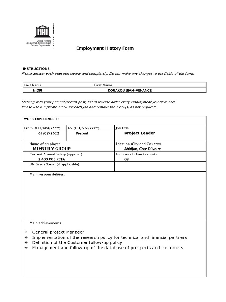 UNESCOEmploymentHistoryForm Updated Template Final | PDF