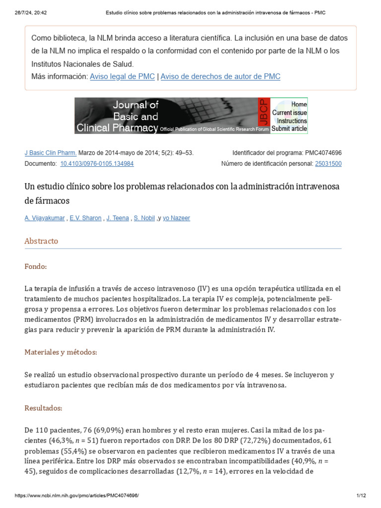 Estudio clínico sobre problemas relacionados con la administración intravenosa de fármacos - PMC ...