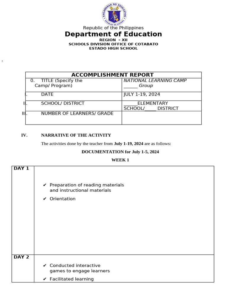 ACCOMPLISHMENT REPORT-NLC | PDF