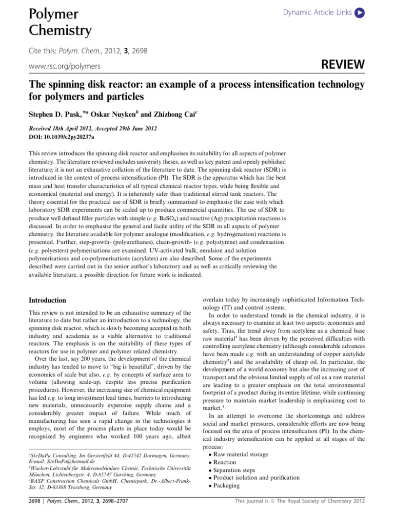 The Spinning Disk Reactor: An Example of A Process Intensification ...