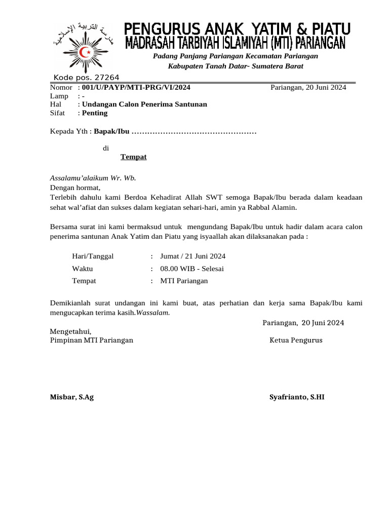 Surat Anak Yatim Mti Pariangan Genap 2023-2024 | PDF