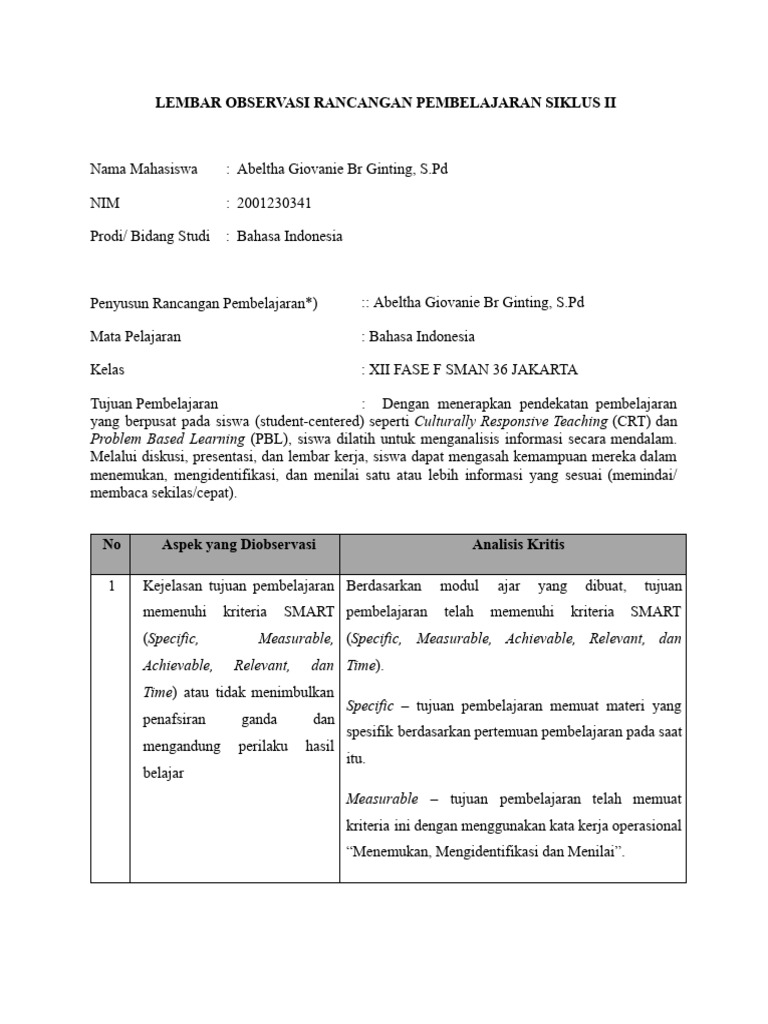01.05.6-B4-8 Unggah LK 3 - Lembar Observasi Rancangan Dan Perangkat Pembelajaran - Siklus II | PDF