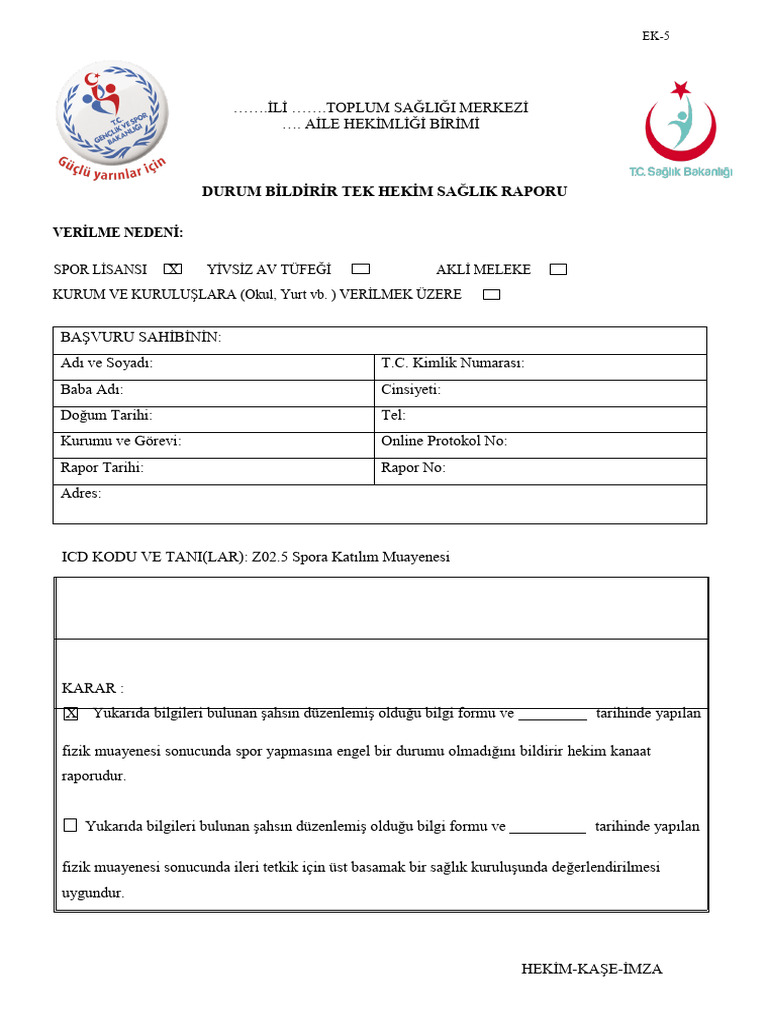 Rnek-Durum Bildirir Tek Hekim Saglik Raporu EK 5 | PDF