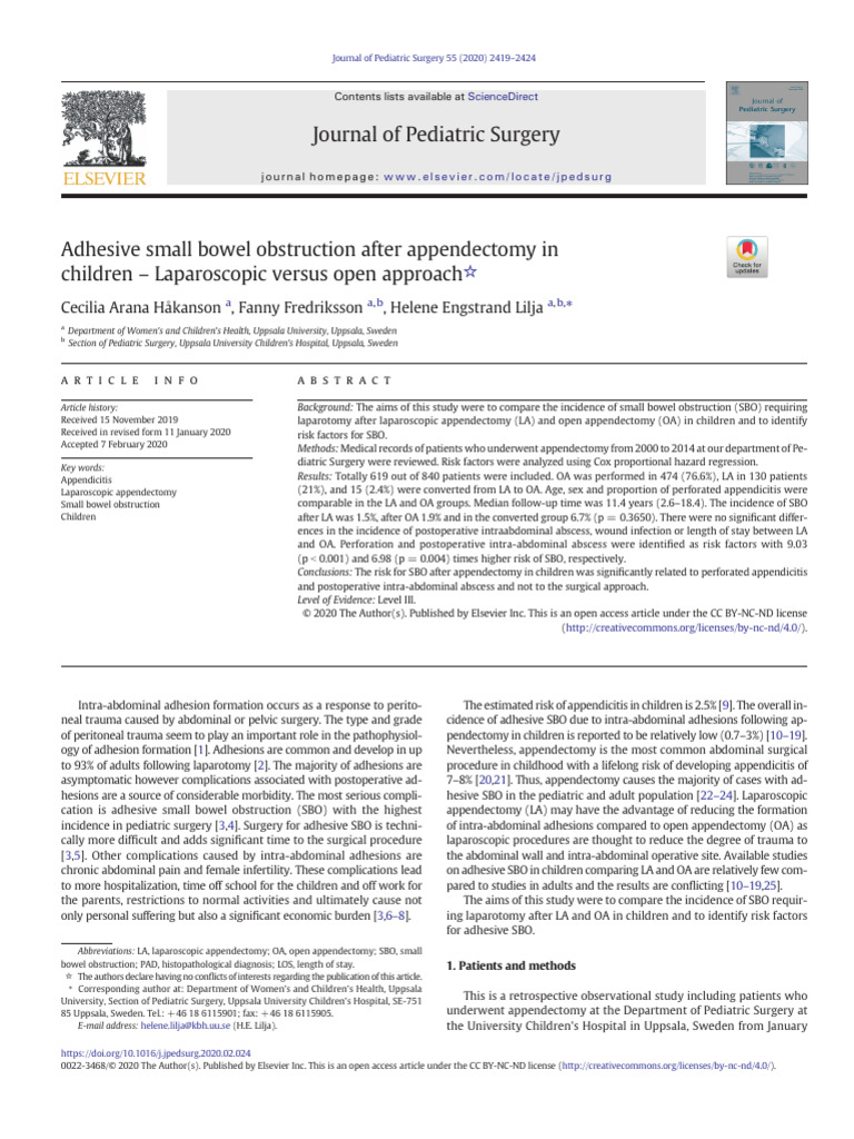 Adhesive Small Bowel Obstruction After Appendectom | PDF