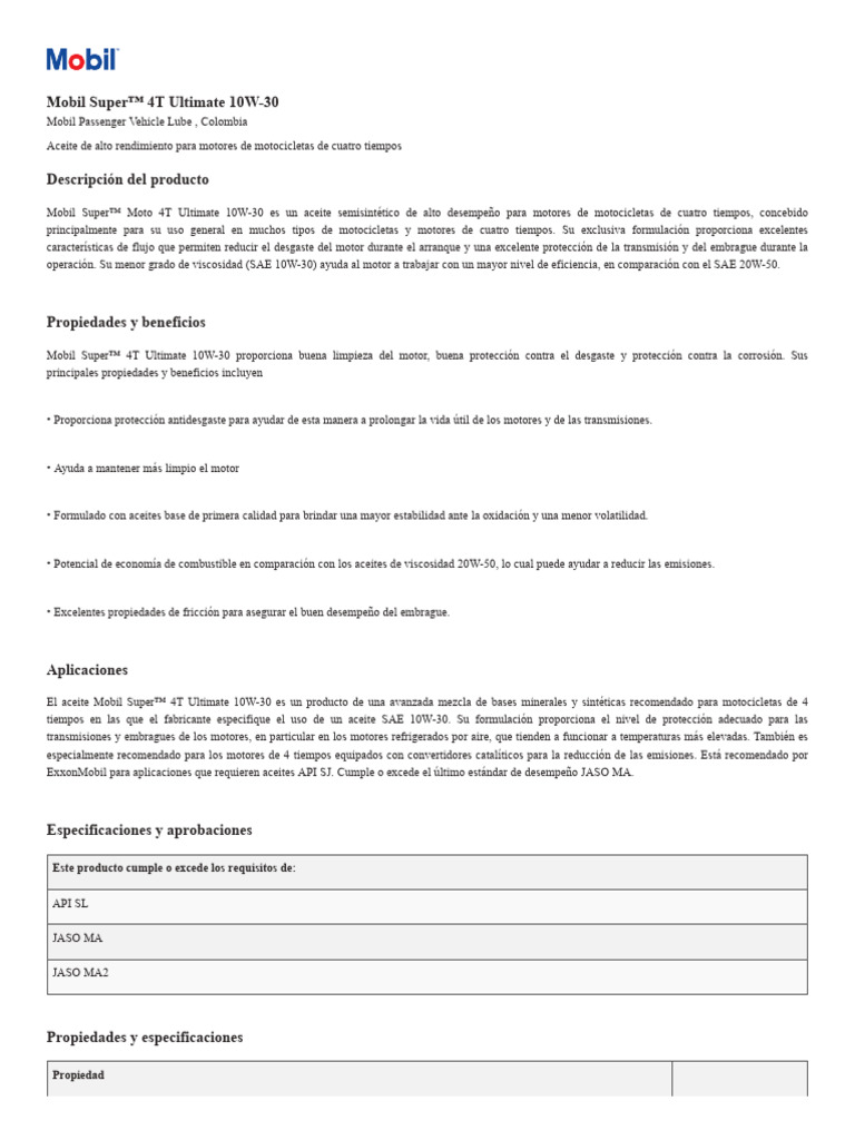 Emob 10w30 F Ultimate - 20015161 As XX Mobil Super 4t Ultimate 10w 30 | PDF