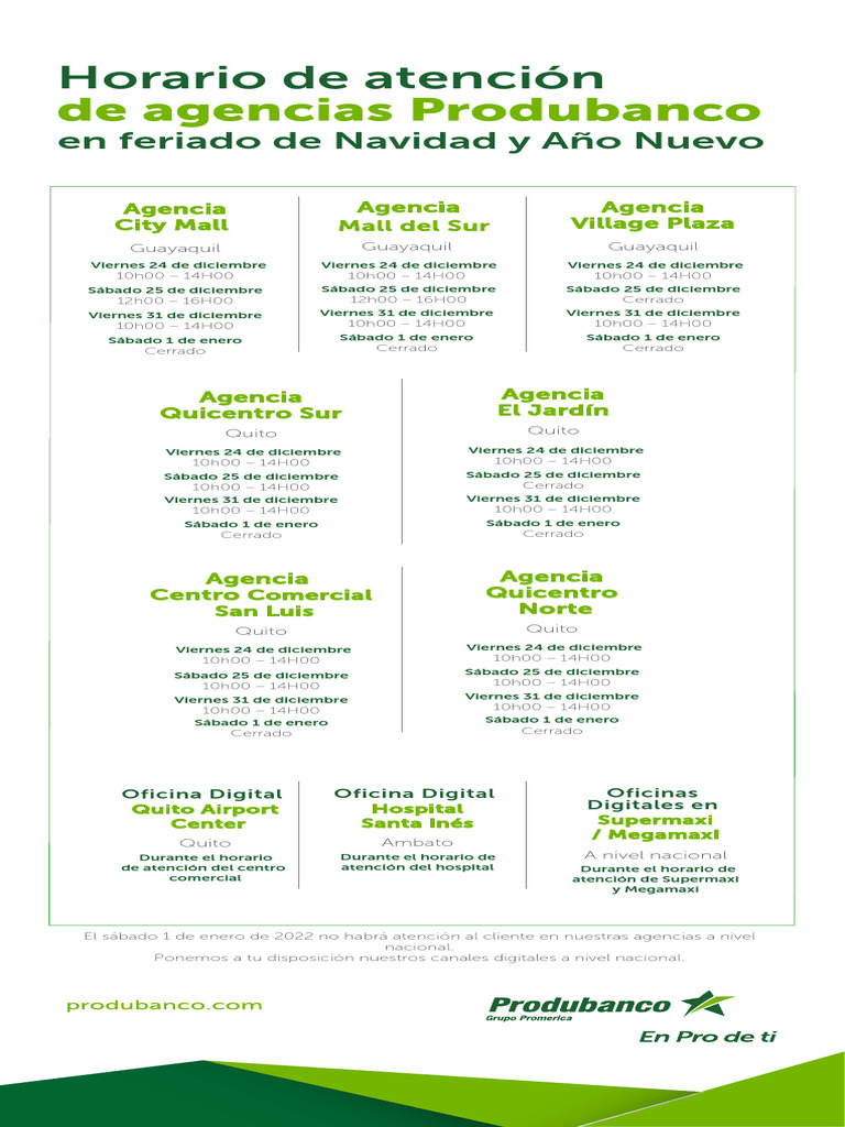 Horarios Produbanco 24-31 diciembre | PDF