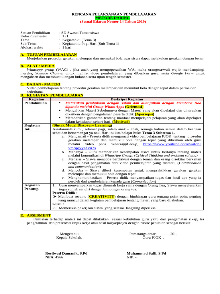 RPP Pjok Daring Kelas 1 Tema 3 New | PDF